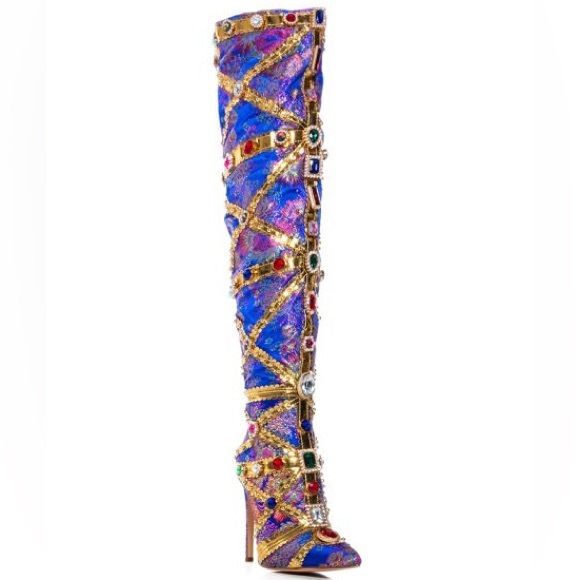 Azalea Wang | Shoes | Berkley Gem Embellished Thigh High Brocade Boot ...